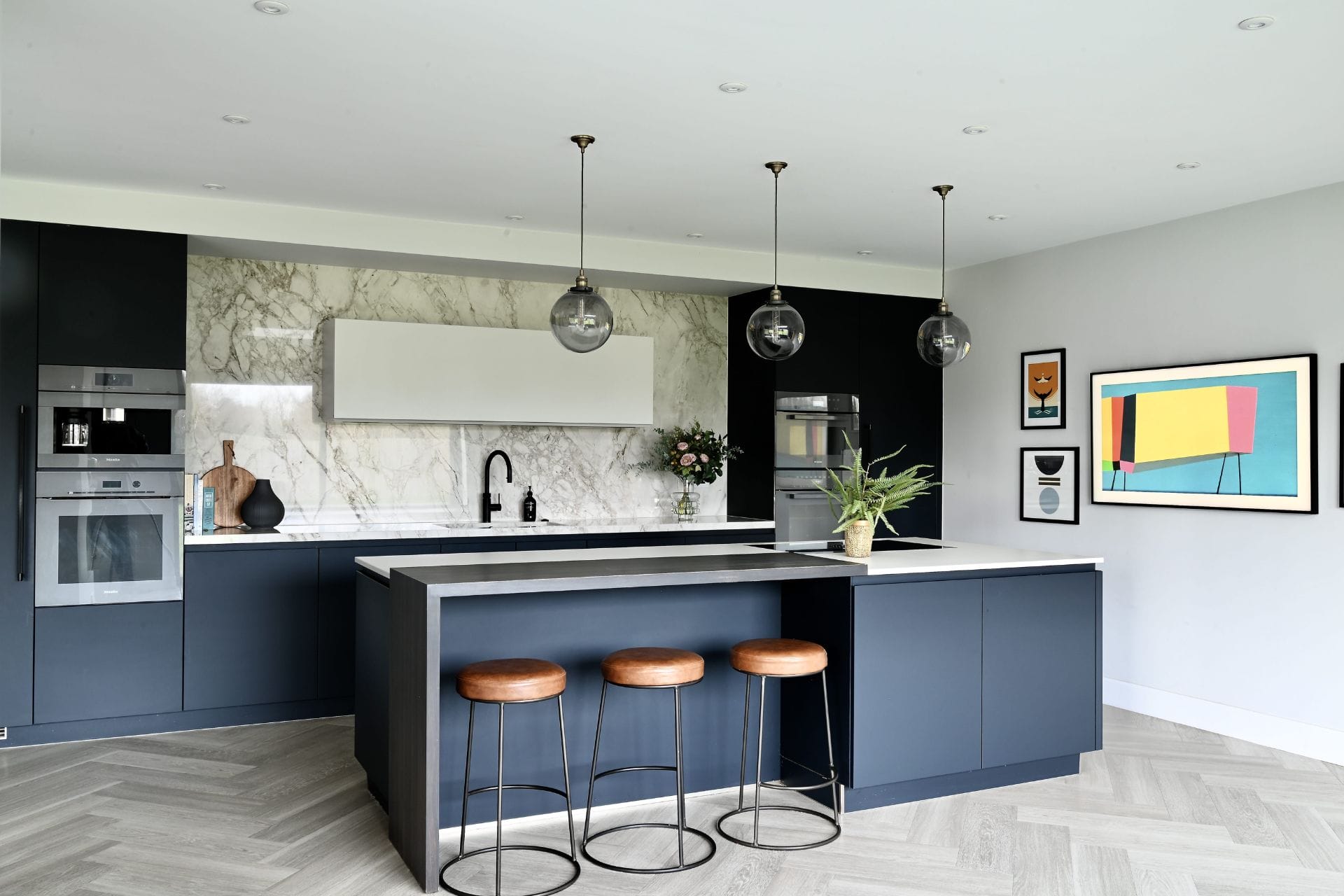 Stunning Navy Blue Kitchen with Marble Splashback - Classic Interiors