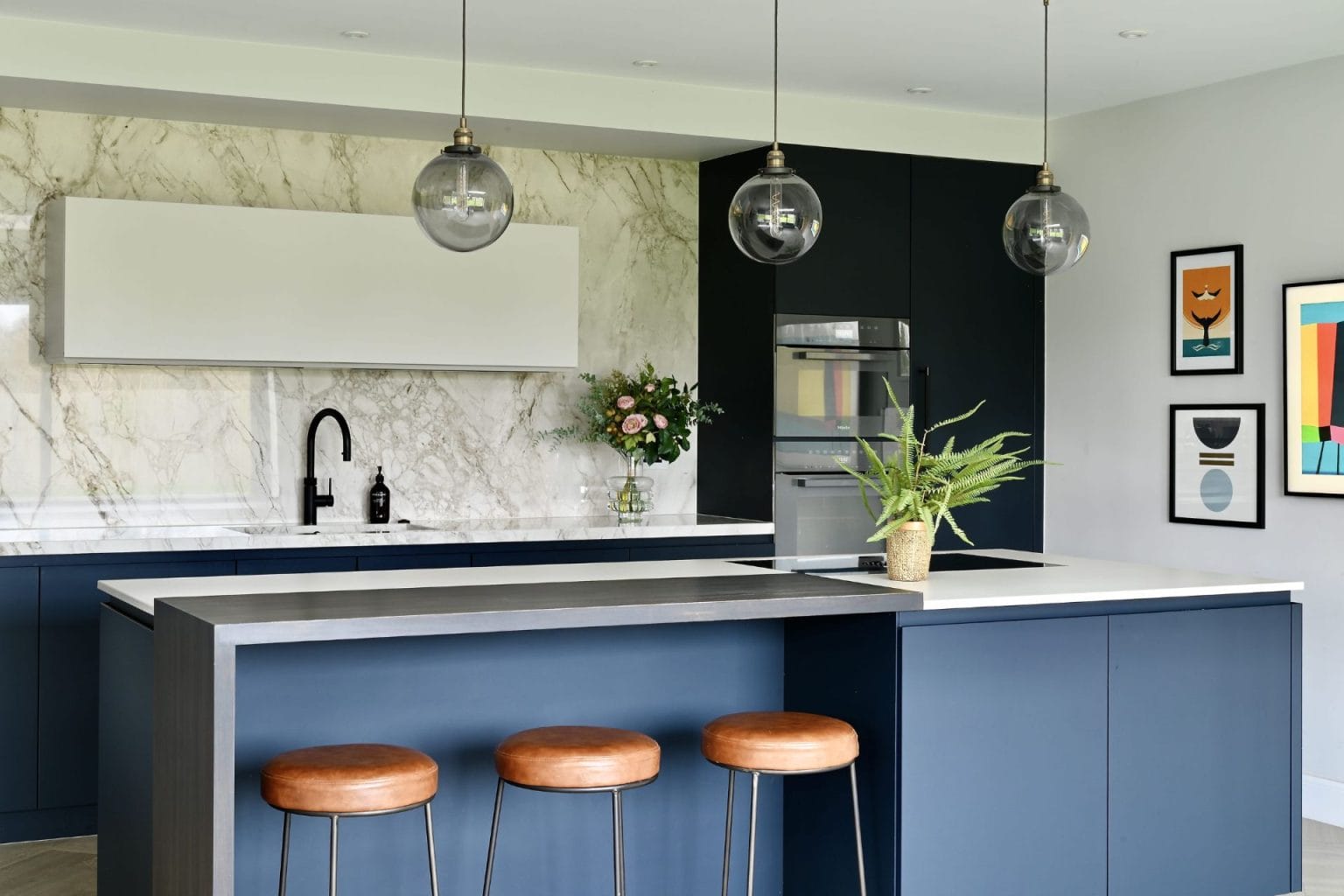 Stunning Navy Blue Kitchen with Marble Splashback - Classic Interiors