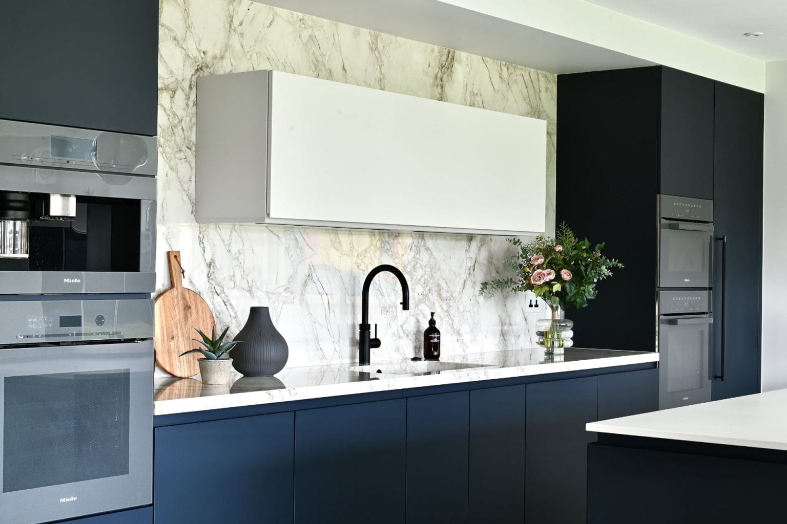Stunning Navy Blue Kitchen with Marble Splashback - Classic Interiors